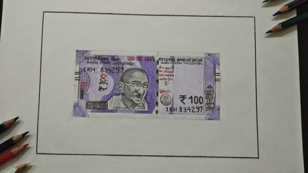 Colour pencil drawing of Hundred rupees created by Rohangaekwad