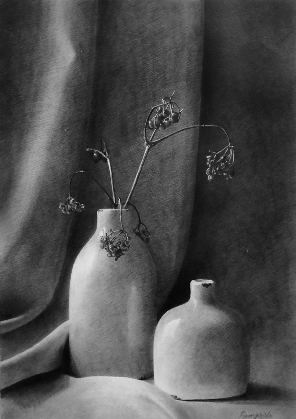 "Monochrome Harmony: Red Blooms in Alabaster Vessels" created by Pavan ...
