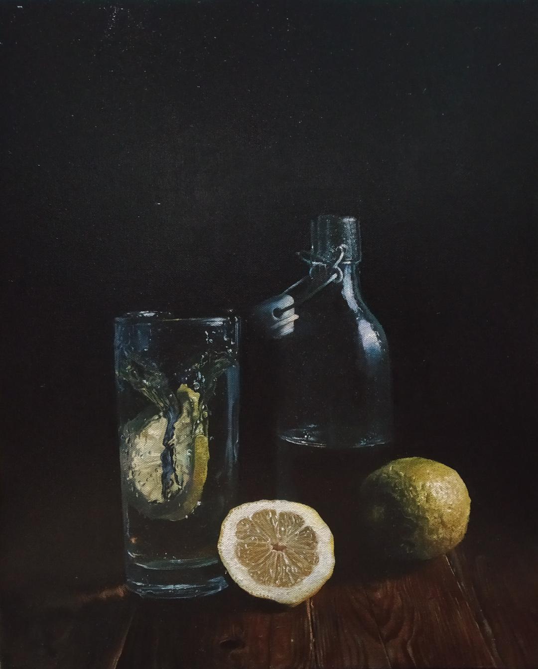 " Glass Bottle and Lemon in Darkness, Water and Lemon in Glass ...