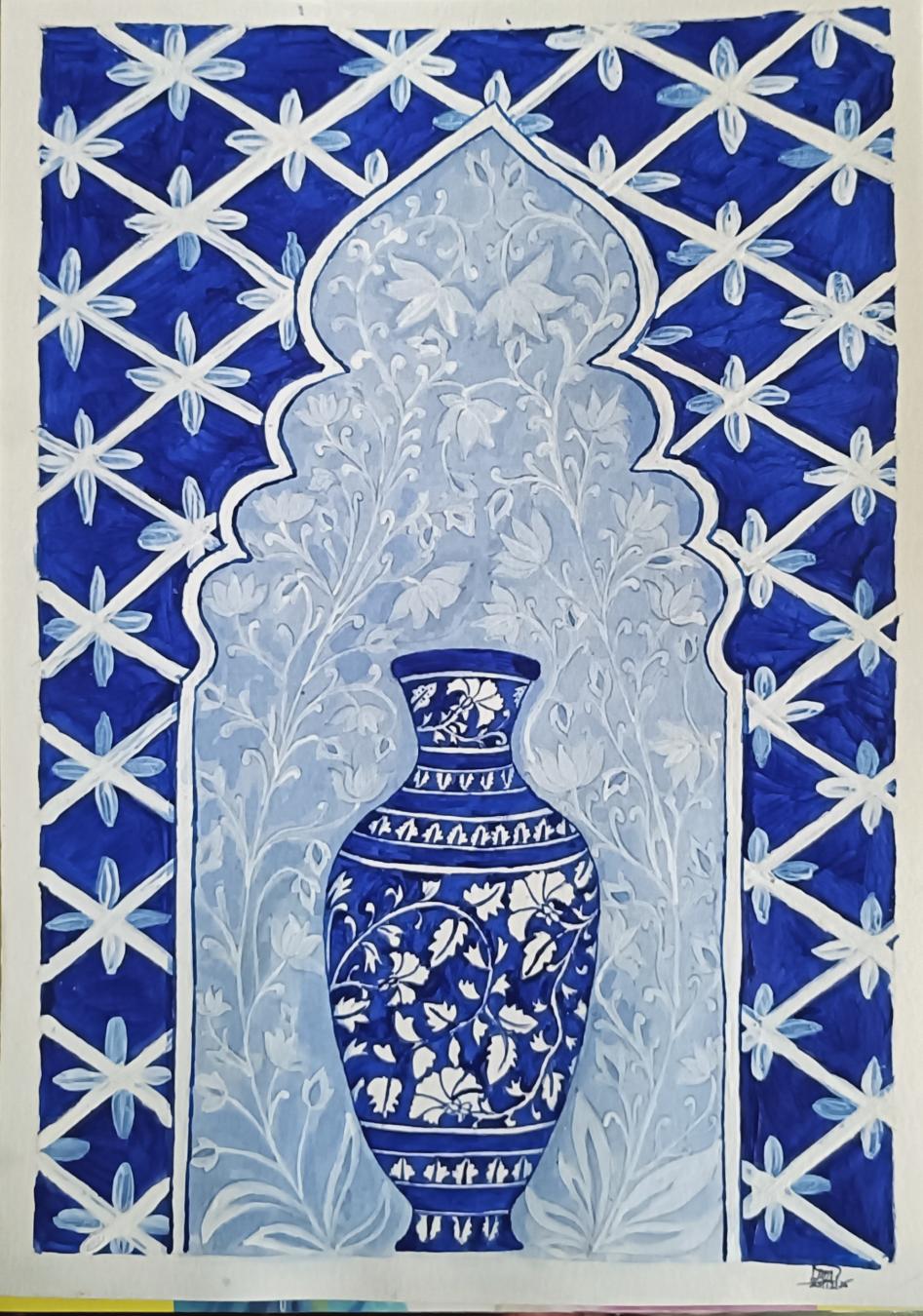 Blue pottery in arch and warli contemporary created by Selvi Pavithra