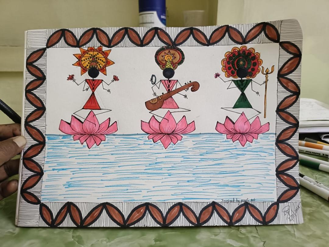 Blue pottery in arch and warli contemporary created by Selvi Pavithra