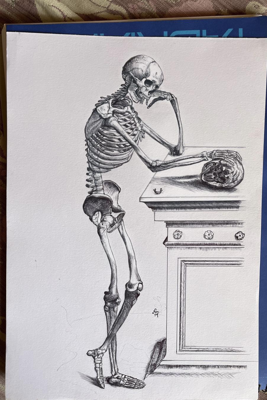 Skeleton contemplating skull created by Joel shon