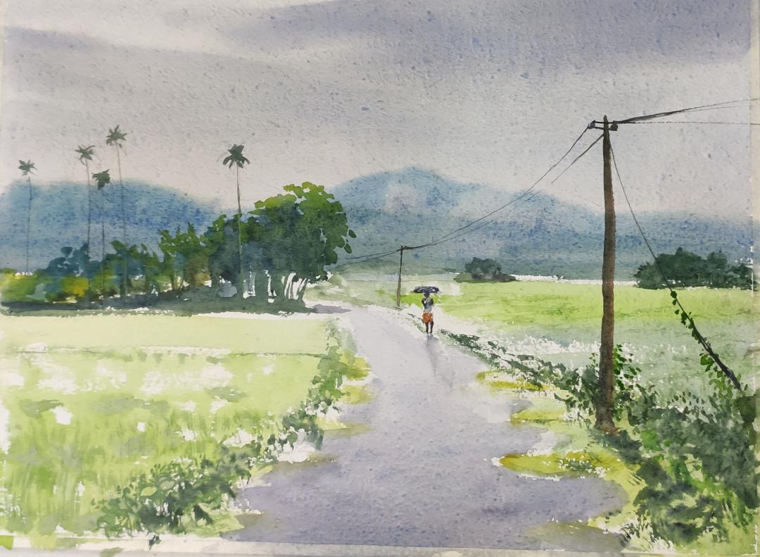 Monsoon in Kerala watercolour painting created by Mohanraj Kolathapilly