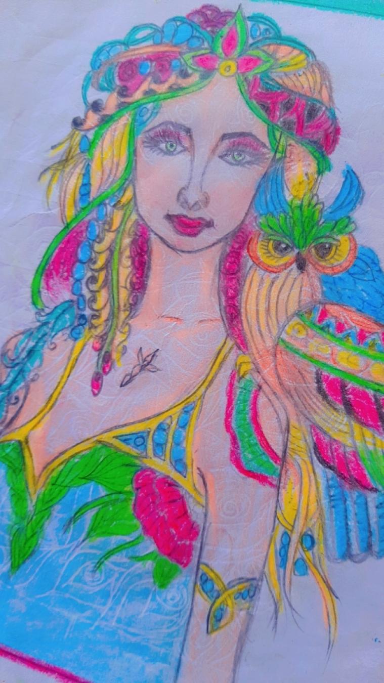 Beautiful woman and Owl drawing created by Ms