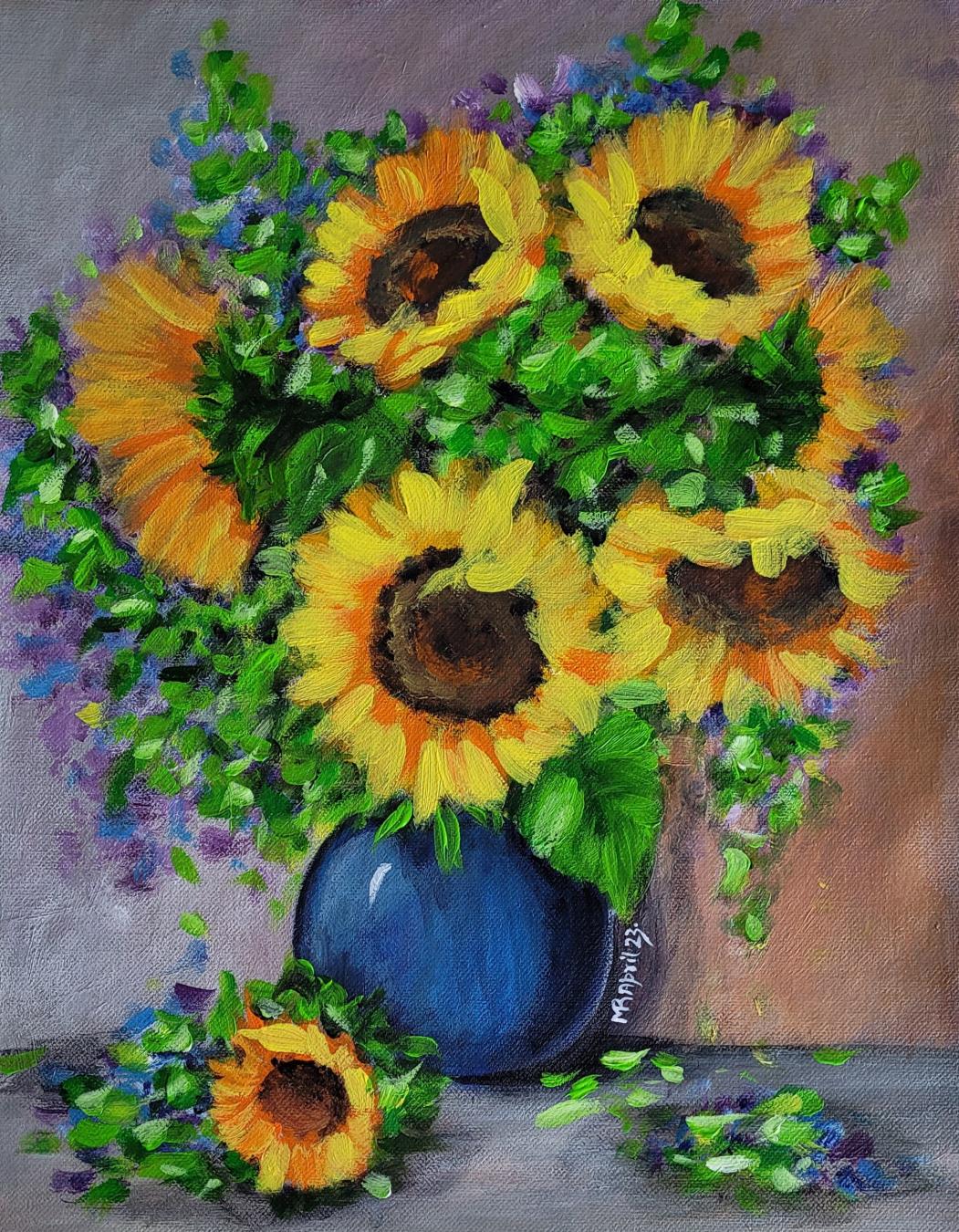 Sunflower in a blue vase created by Mou Roy