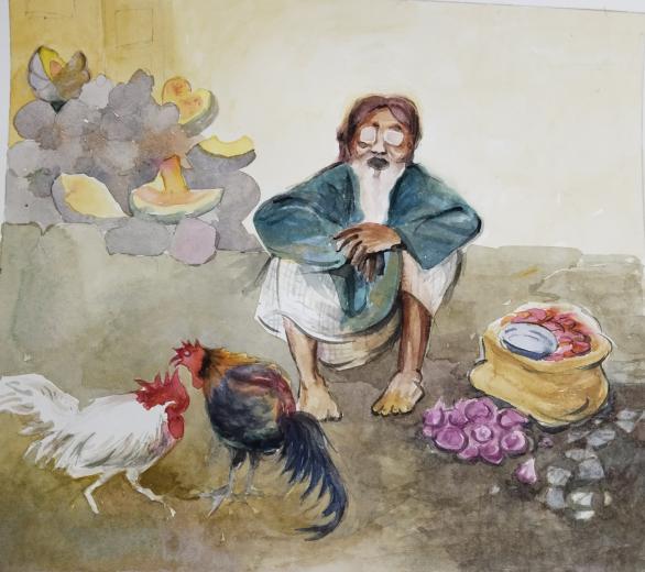 Old man with two fighter chicken created by Sangita Chaudhuri