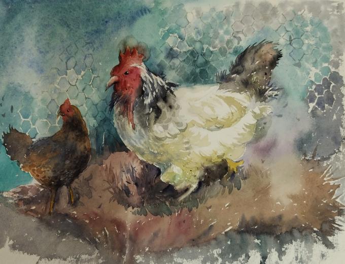 Old man with two fighter chicken created by Sangita Chaudhuri