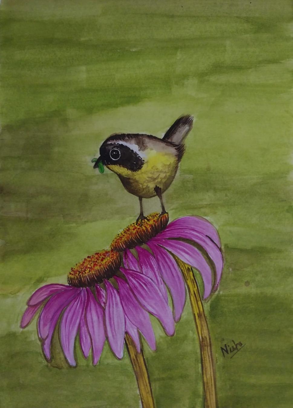 Bird on Zinia flowers created by Nisha Singhal
